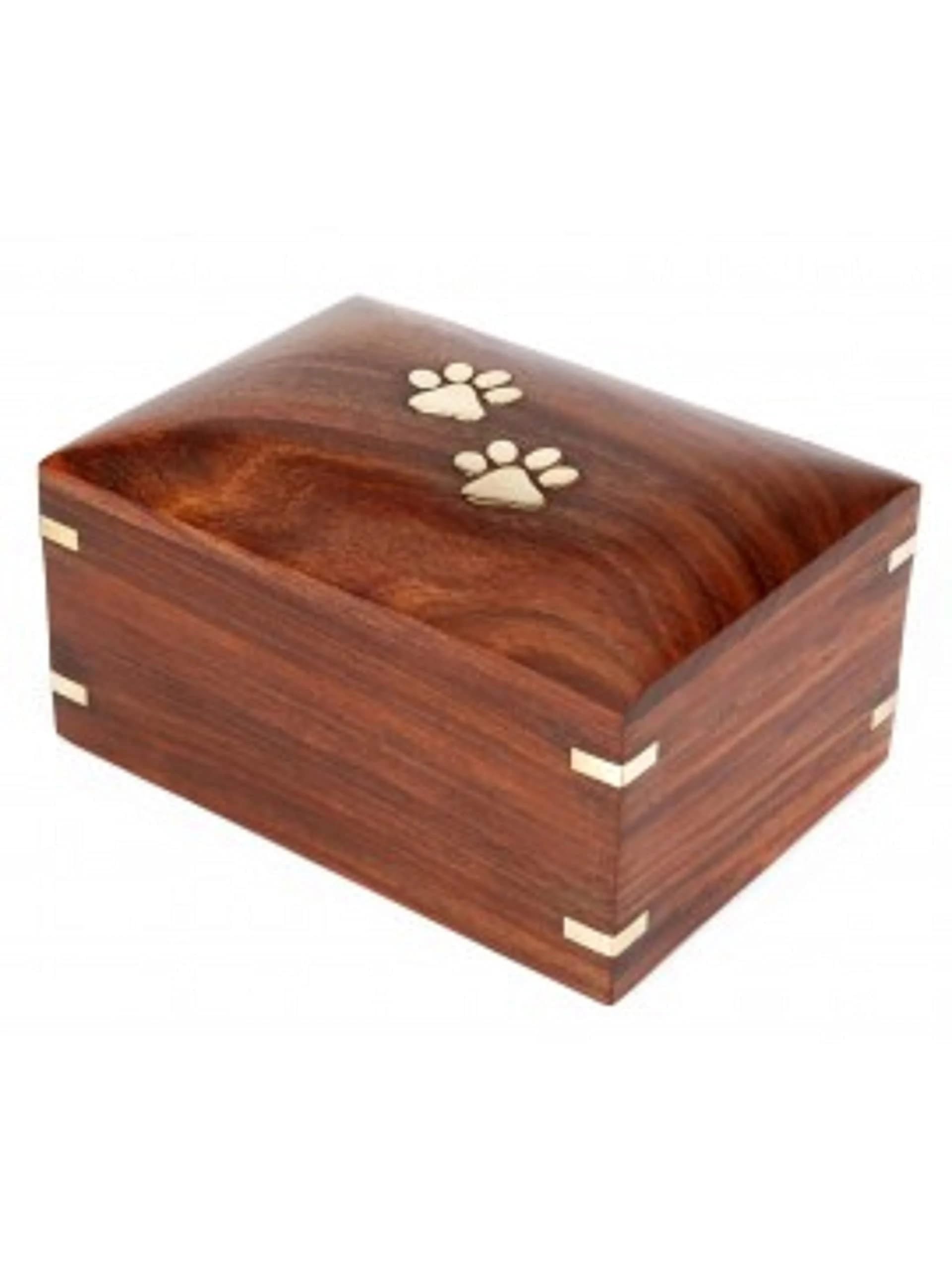 SUPER QUALITY HANDICRAFTS INDIA Wooden Brass Paw Print Urns For Pet Ashes | Wood Cremation Urns For Cat and Dog Ashes | Decorative Urns | Funeral Urns | Keepsake Box