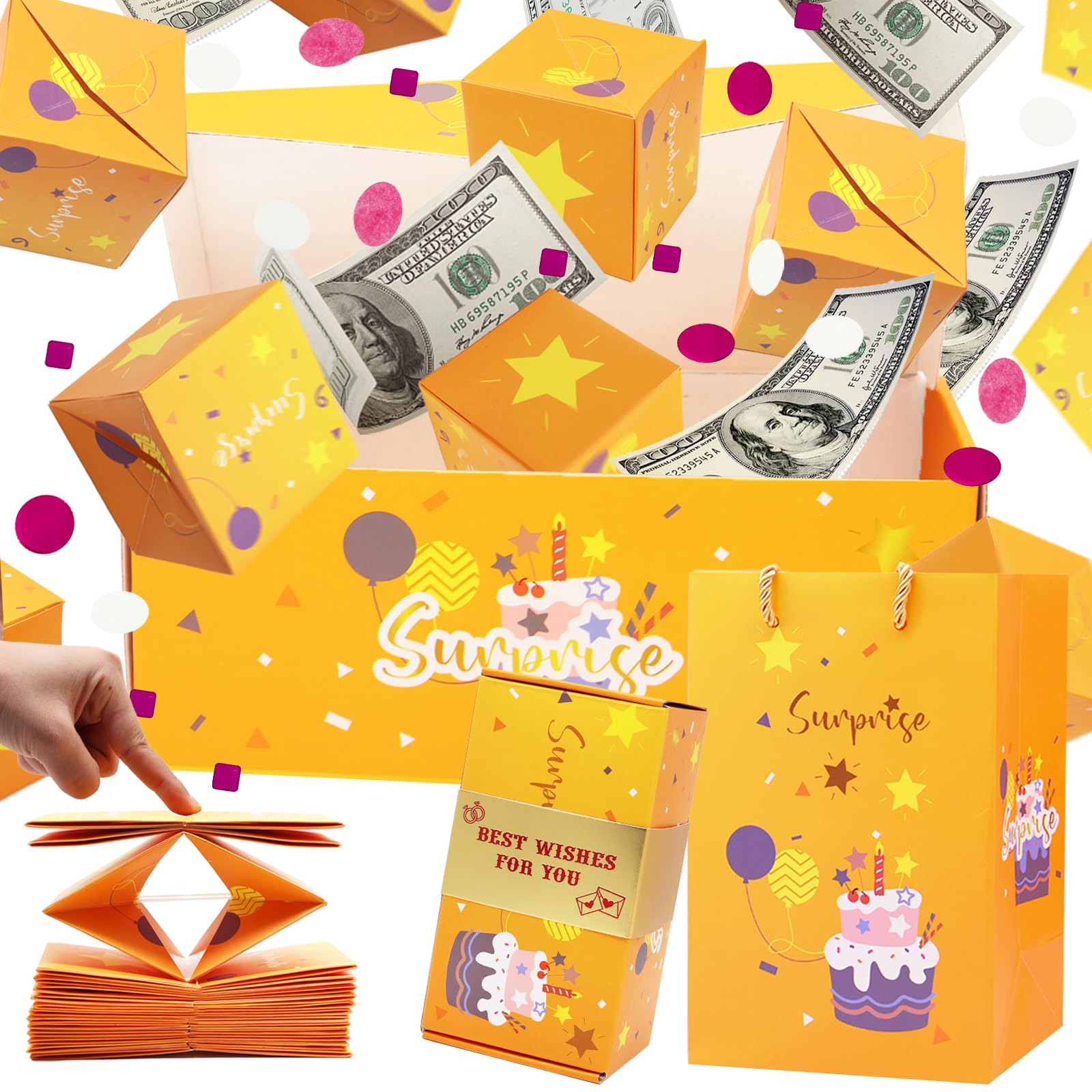 Surprise Gift Box Explosion for Money, Unique Folding Bouncing Red Envelope Gift Box with Confetti, Cash Explosion Luxury Gift Box for Mom Birthday Anniversary Valentine Proposal (15 Bounces) (Yellow)