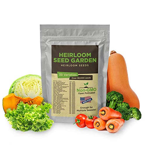 33 Variety Seed Bank Survival Gear 30,000 Premium Non-GMO Open Pollinated Heirloom Seeds Made in USA