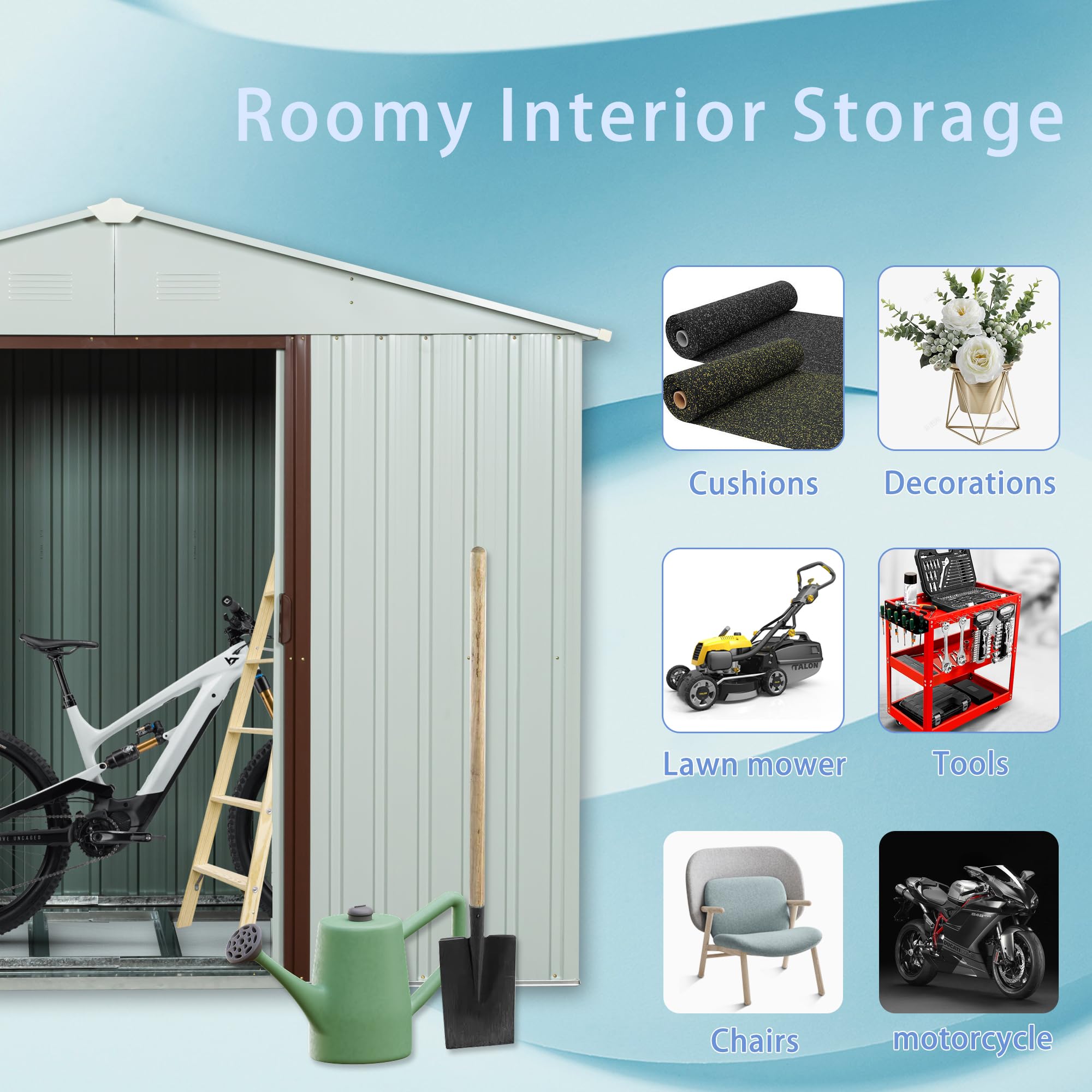 OMGO 8 x 4Ft Outdoor Metal Storage Shed with Side Window, Outside Utility Tool House w/Sliding Doors & Lock, Floor Base and Air Vents, for Backyard, Lawn, Pool