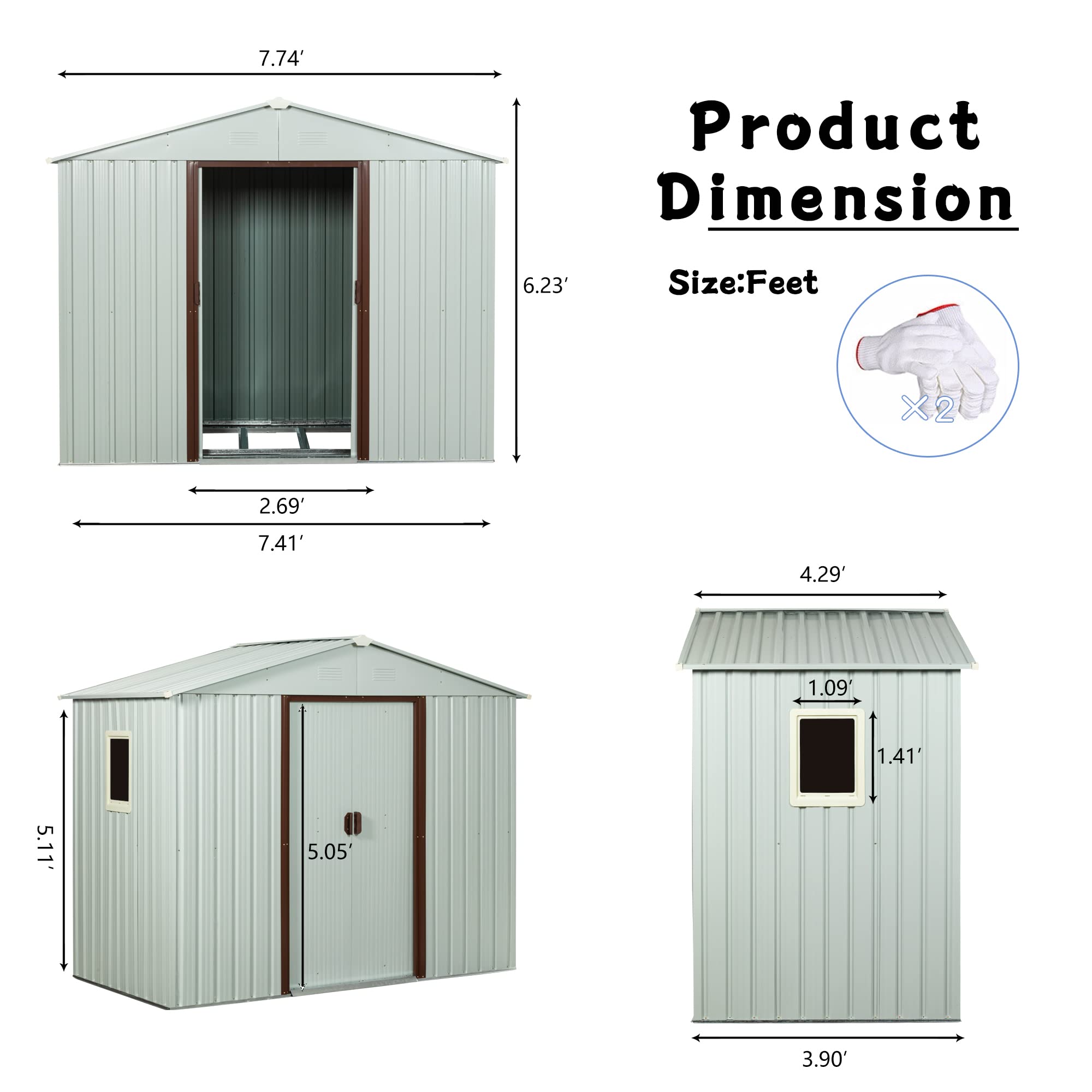 OMGO 8 x 4Ft Outdoor Metal Storage Shed with Side Window, Outside Utility Tool House w/Sliding Doors & Lock, Floor Base and Air Vents, for Backyard, Lawn, Pool