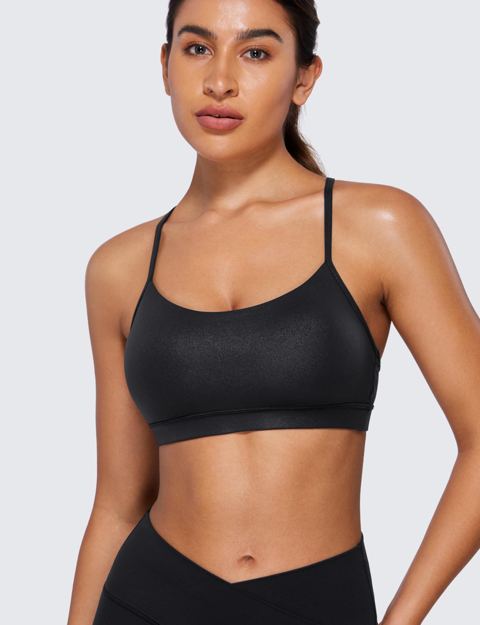 CRZ YOGA Butterluxe Womens Y Back Sports Bra - Padded Racerback Low Impact Spaghetti Thin Strap Workout Yoga Top Faux Leather Black Medium