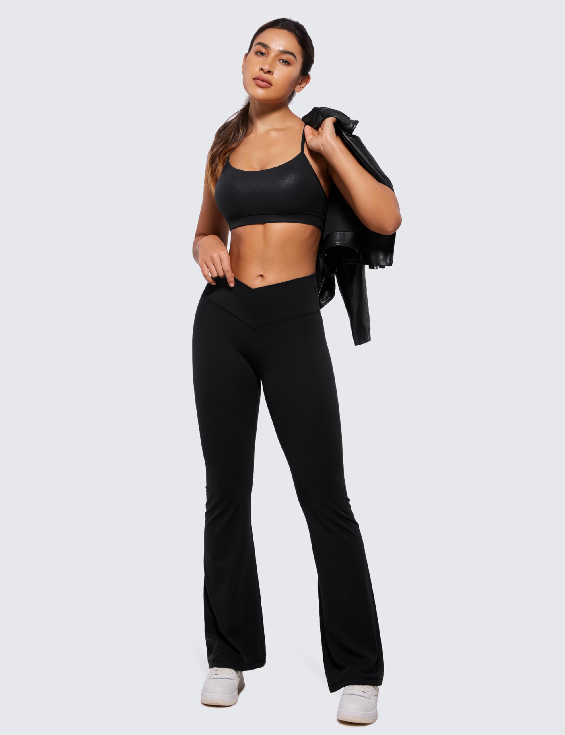 CRZ YOGA Butterluxe Womens Y Back Sports Bra - Padded Racerback Low Impact Spaghetti Thin Strap Workout Yoga Top Faux Leather Black Medium