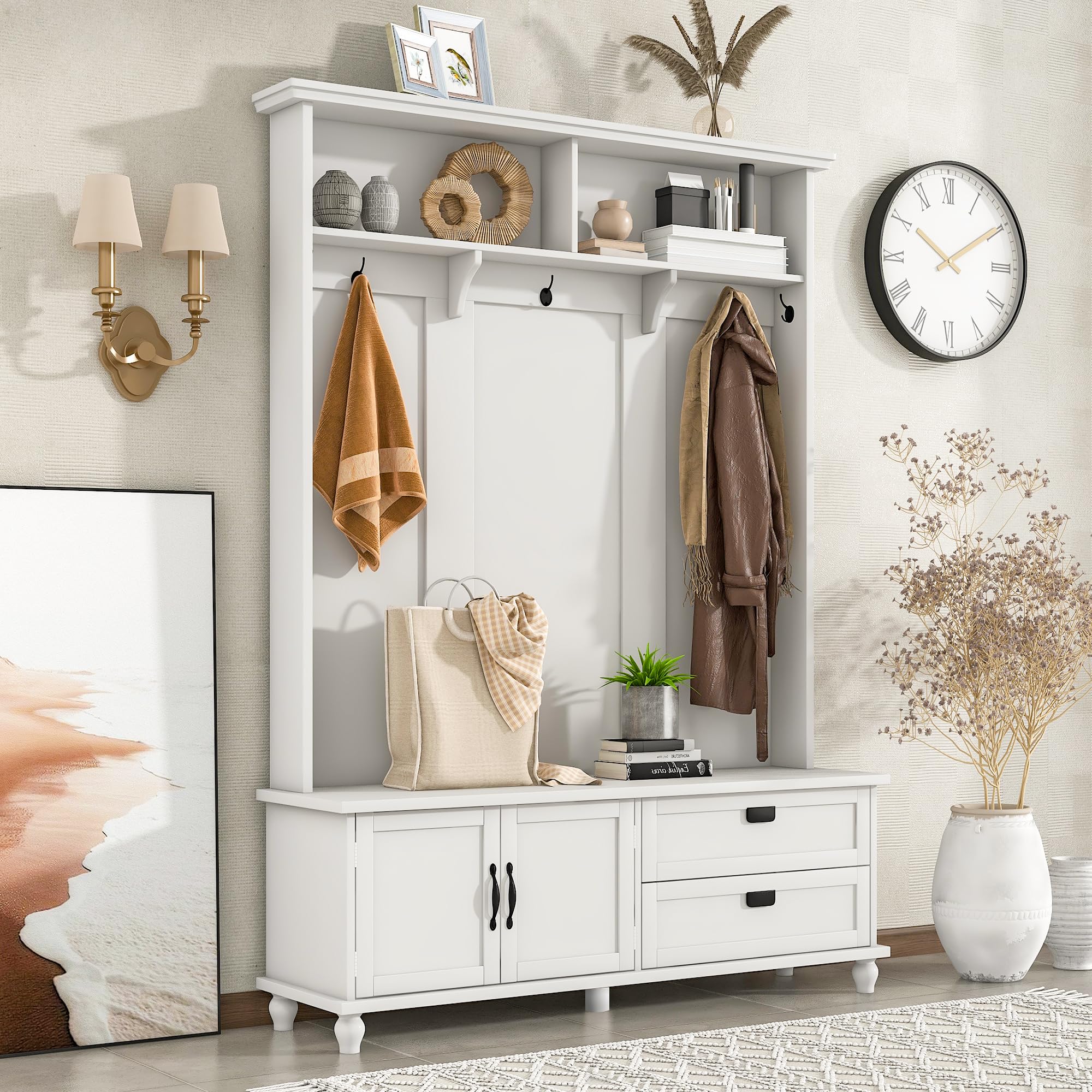 Bellemave Modern Wide Hall Tree with Bench, Shoe Storage, and 2 Large Drawers, White
