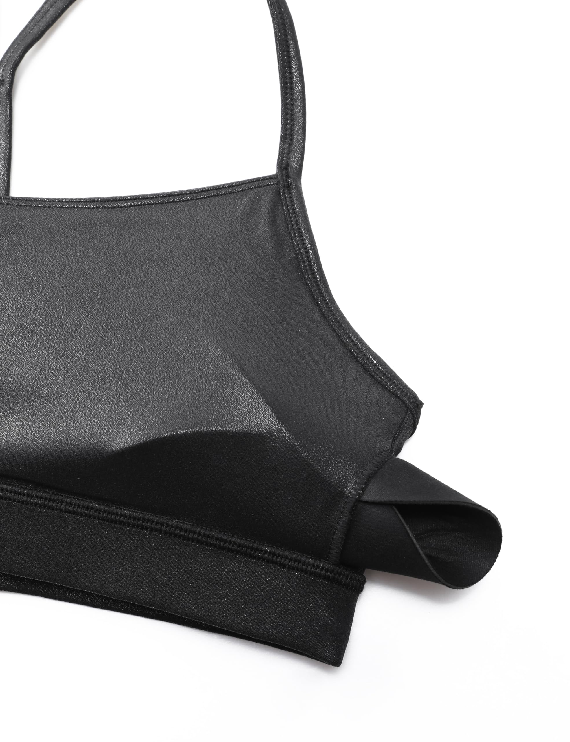 CRZ YOGA Butterluxe Womens Y Back Sports Bra - Padded Racerback Low Impact Spaghetti Thin Strap Workout Yoga Top Faux Leather Black Medium