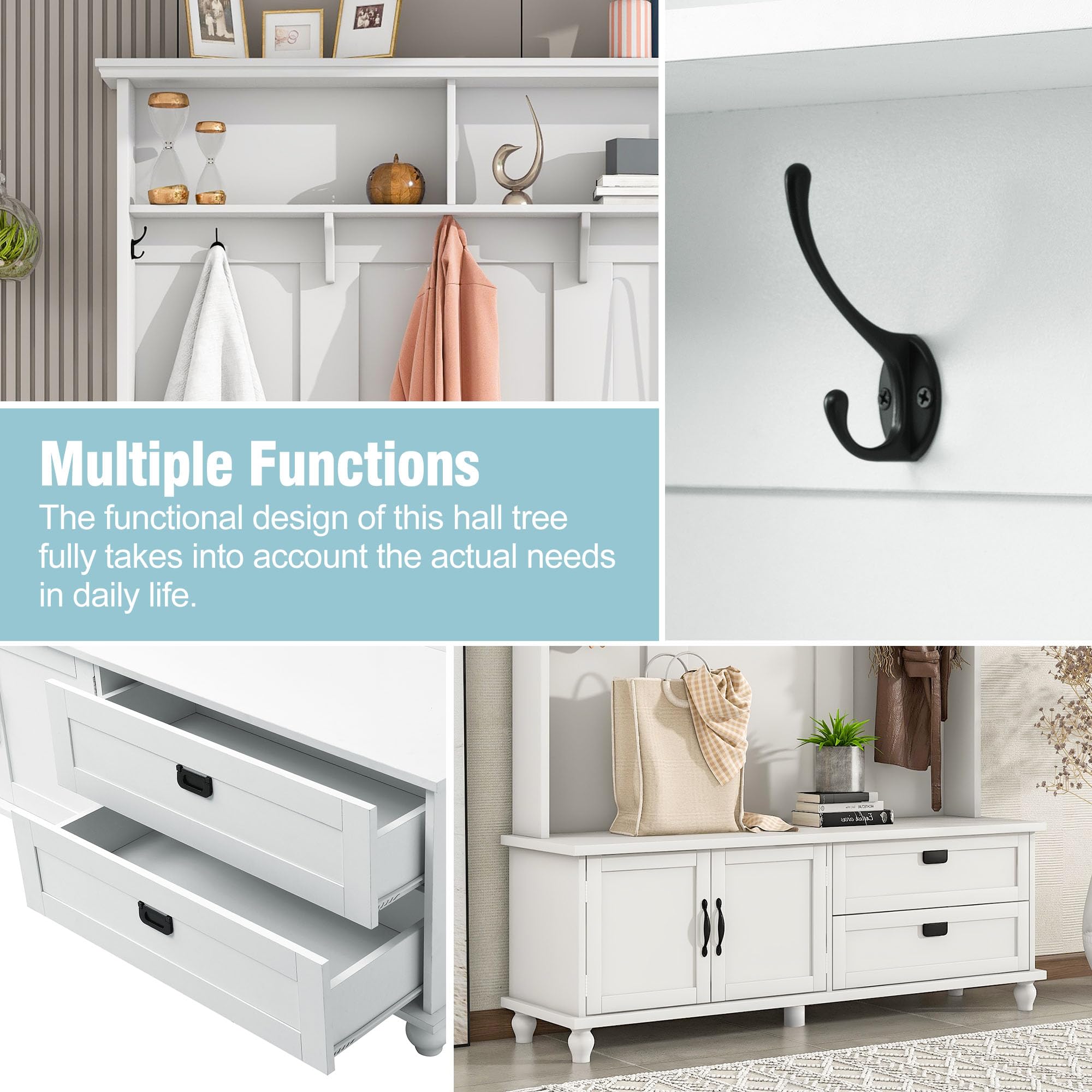 Bellemave Modern Wide Hall Tree with Bench, Shoe Storage, and 2 Large Drawers, White