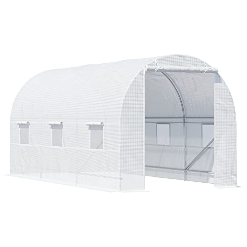 Outsunny 15' x 7' x 7' Walk-in Tunnel Greenhouse Garden Plant Growing House with Door and Ventilation Window, White