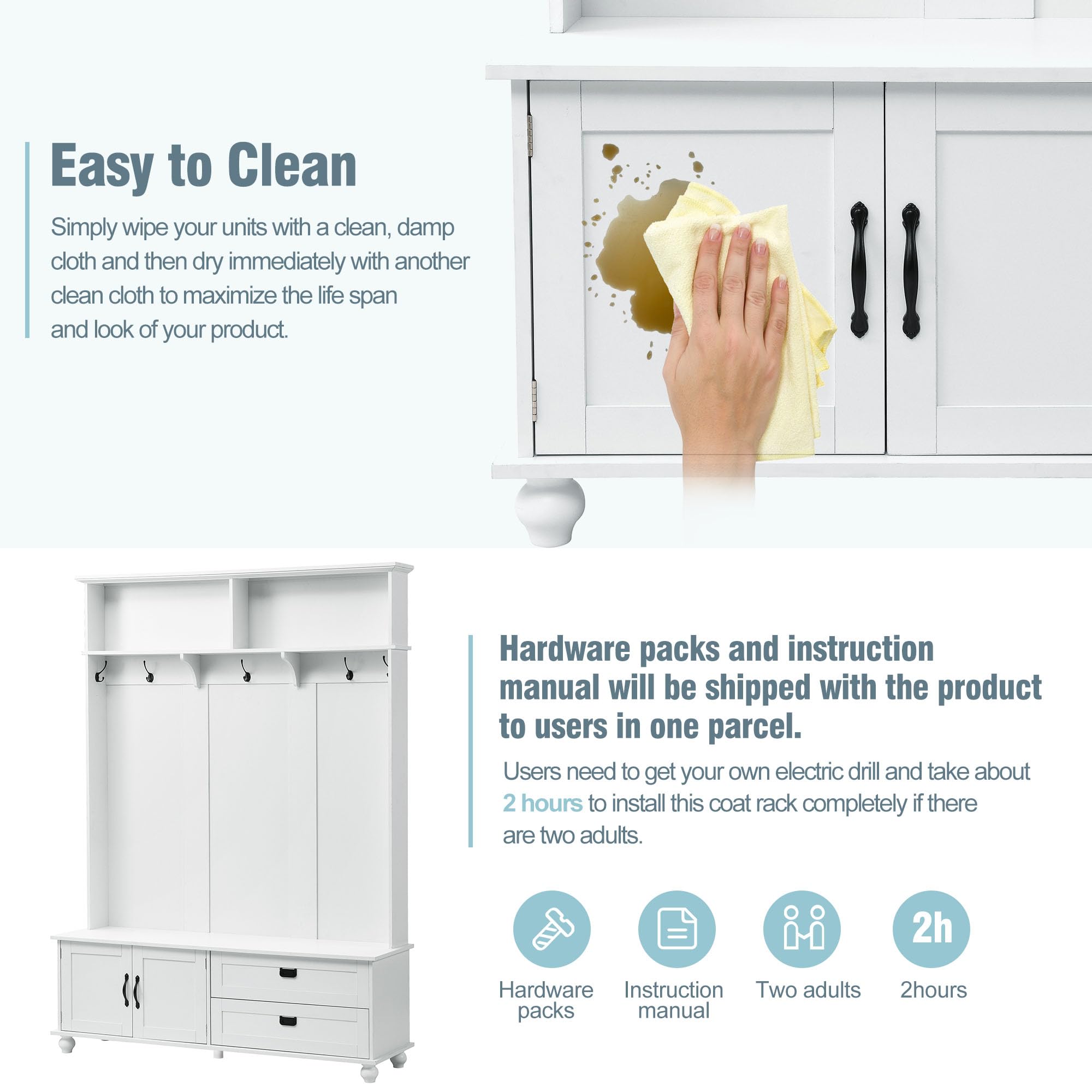 Bellemave Modern Wide Hall Tree with Bench, Shoe Storage, and 2 Large Drawers, White