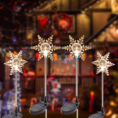 Glintoper 4 Pack Solar Christmas Snowflakes Figurine Lights, Outdoor Solar Powered Snowflake Decorative Lights with Garden Stakes, Warm White LED Xmas Lighting Yard Stake for Path Lawn Patio Decor