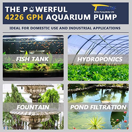 TRUPOW 4226GPH Flow Frequency Electric Inline Garden Submersible Pond Filter Pump for Fish Tank Fountain Aquarium Waterfall Koi Salt Fresh Water