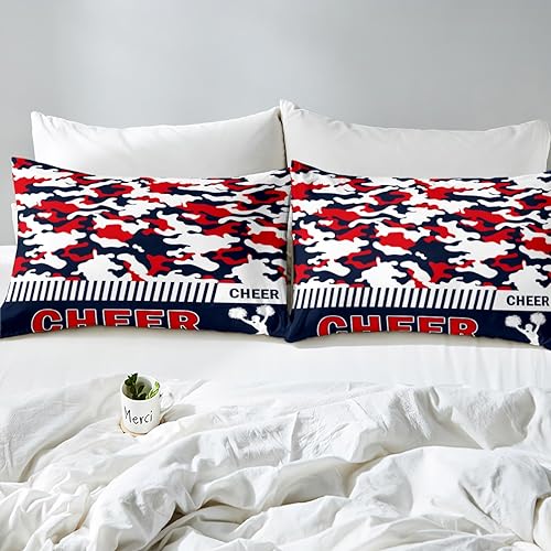 Dreamy Girly Cheerleading Bed Sheet Set 3 Pieces,Gymnastics Dance Microfiber Bedding Set with Flat,Red Camo Geometry Fitted Sheet,2 Pillow Cases,Full Size