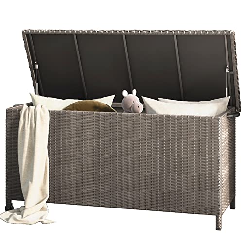 Grand patio Outdoor 108 Gallon Large Wicker Storage Box with Lid for Patio Furniture Cushions Toys Garden Tools Pool Accessories, Greige Small