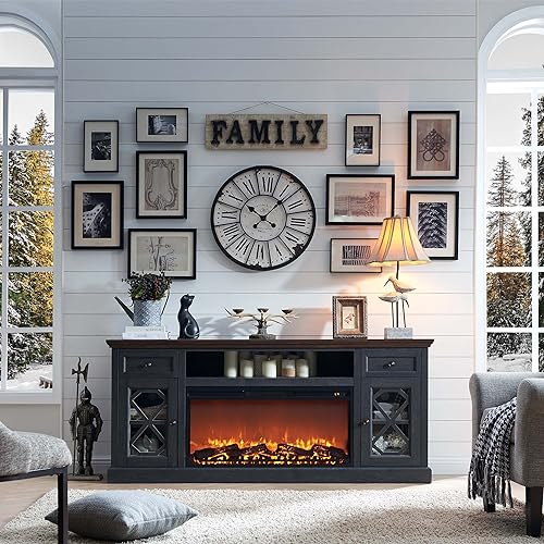 SinCiDo Farmhouse Fireplace TV Stand with 36" Electric Fireplace for 80 Inch TVs, 31" Tall Entertainment Center w/Drawer & Diamond Panel Door, Highboy Media Console for Living Room, 70inch, Dark Grey