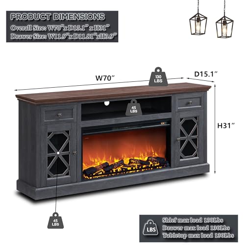 SinCiDo Farmhouse Fireplace TV Stand with 36" Electric Fireplace for 80 Inch TVs, 31" Tall Entertainment Center w/Drawer & Diamond Panel Door, Highboy Media Console for Living Room, 70inch, Dark Grey