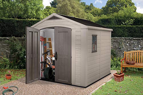 Keter Factor 8x8 Foot Large Resin Outdoor Storage Shed with Floor for Patio Furniture, Lawn Mower, and Bike Storage