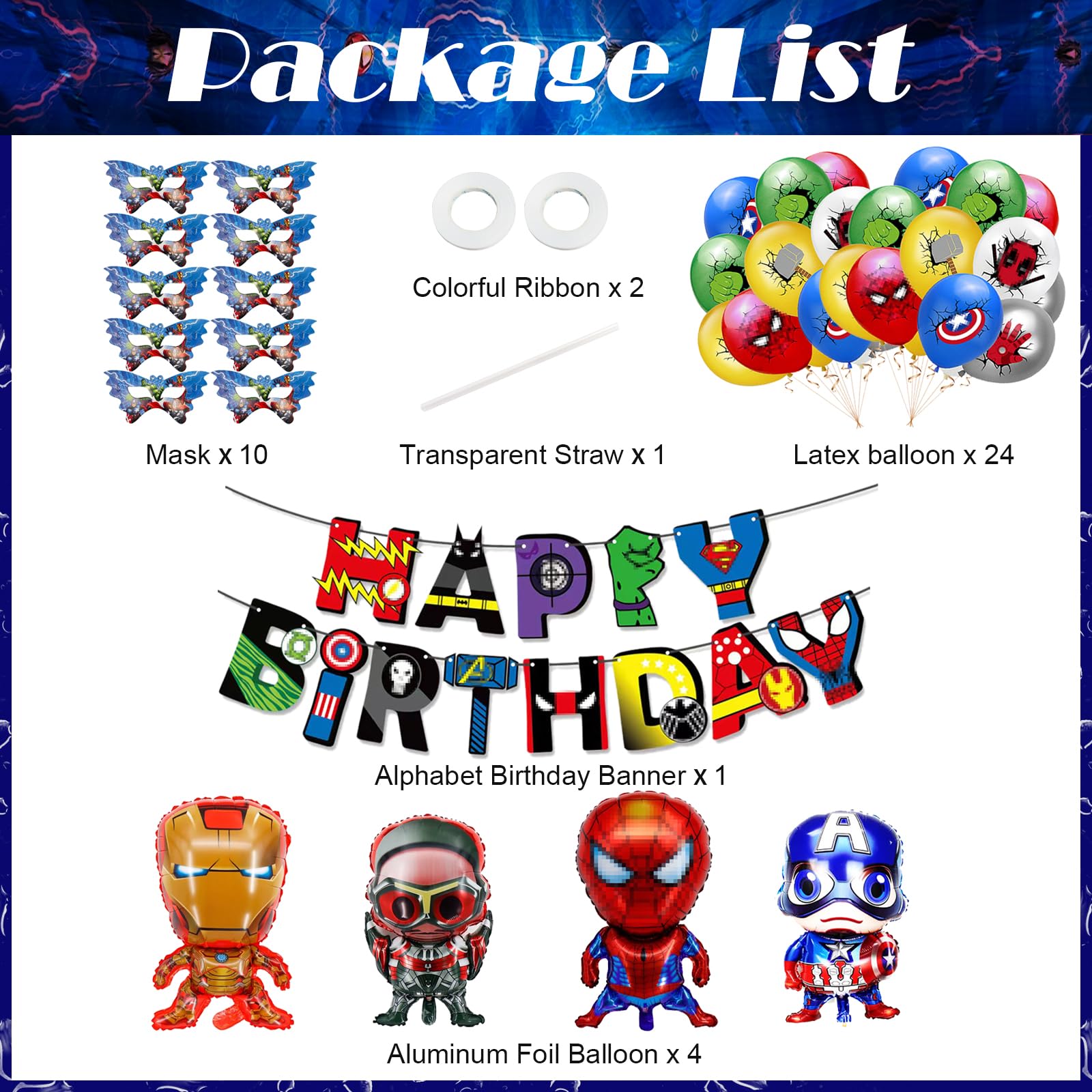 Superhero Party Decorations, Superhero Birthday Party Supplies, Superhero Blue Theme Decorations - Includes Superhero Plates and Napkins, Tablecloths, Banners, Balloons, Stickers.-189 Pcs