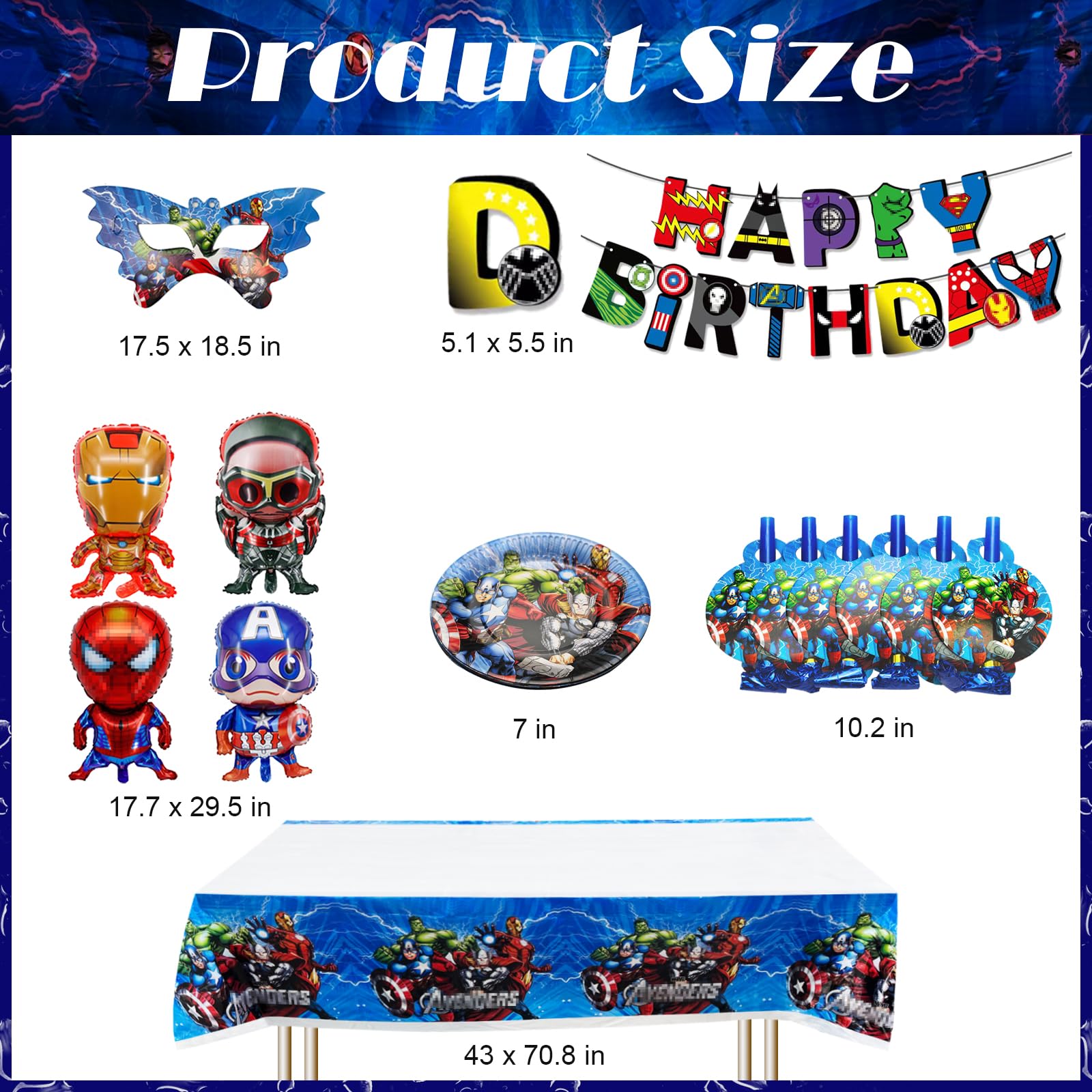 Superhero Party Decorations, Superhero Birthday Party Supplies, Superhero Blue Theme Decorations - Includes Superhero Plates and Napkins, Tablecloths, Banners, Balloons, Stickers.-189 Pcs