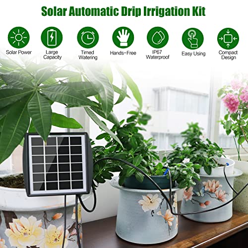 Drip Irrigation Kit - Solar Automatic Plant Self Watering Devices, JIYANG Solar Powered Auto Easy DIY Watering System Supported 15Pots, 6Timing Modes for Plants on The Balcony, in The Plant Bed, and Green House