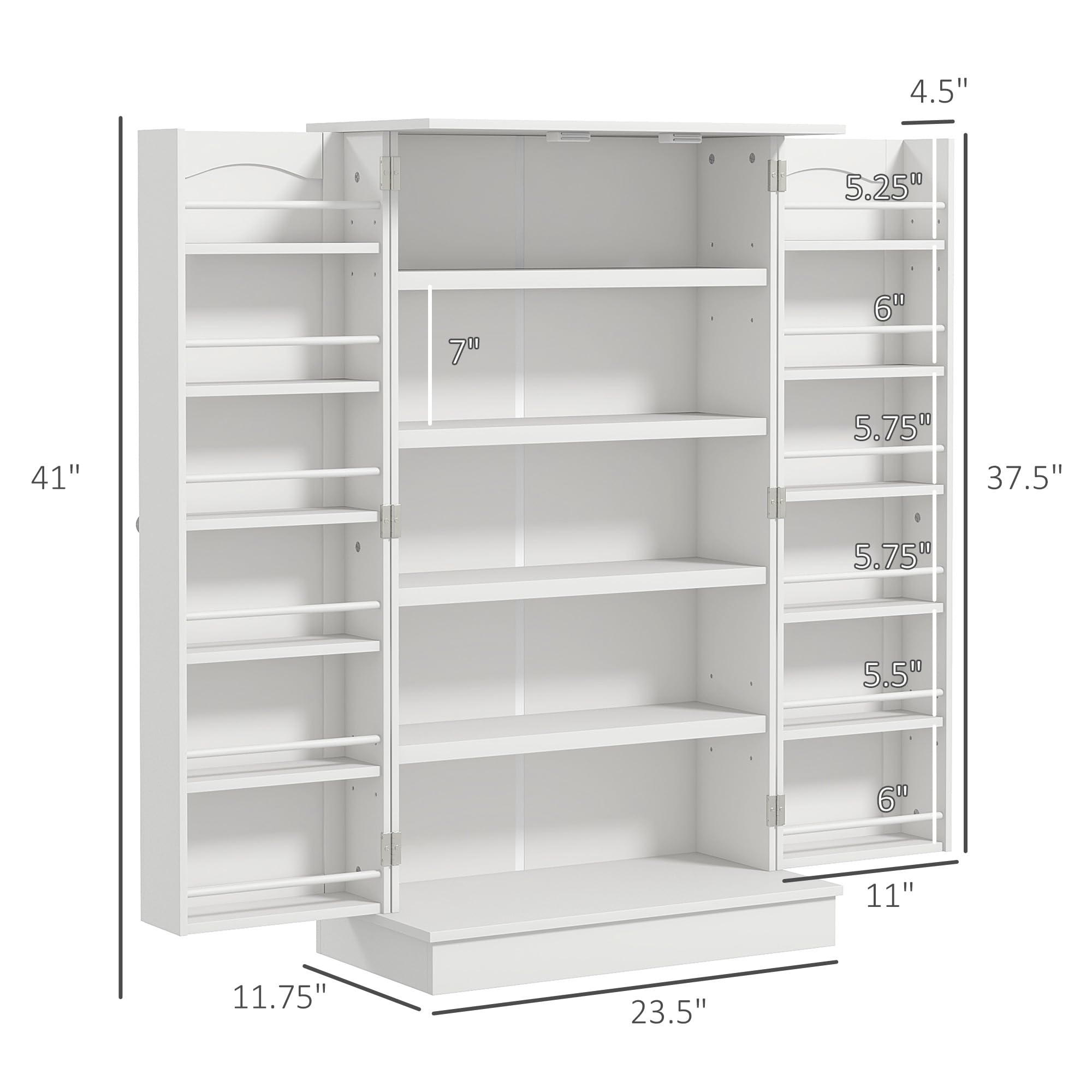 HOMCOM 41" Kitchen Pantry Storage Cabinet, Freestanding Kitchen Cabinet with 12 Door Shelves, Double Doors, 5-Tier Shelving and Adjustable Shelves, Paper White