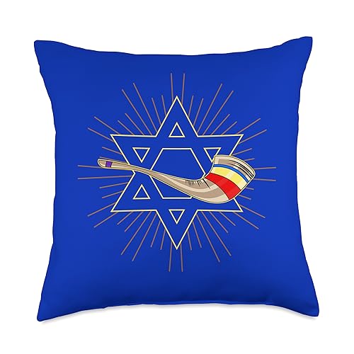 Jewish Holiday Gifts and Apparel Shofar Star of David Jewish Yom Kippur Rosh HaShanah Throw Pillow, 18x18, Multicolor