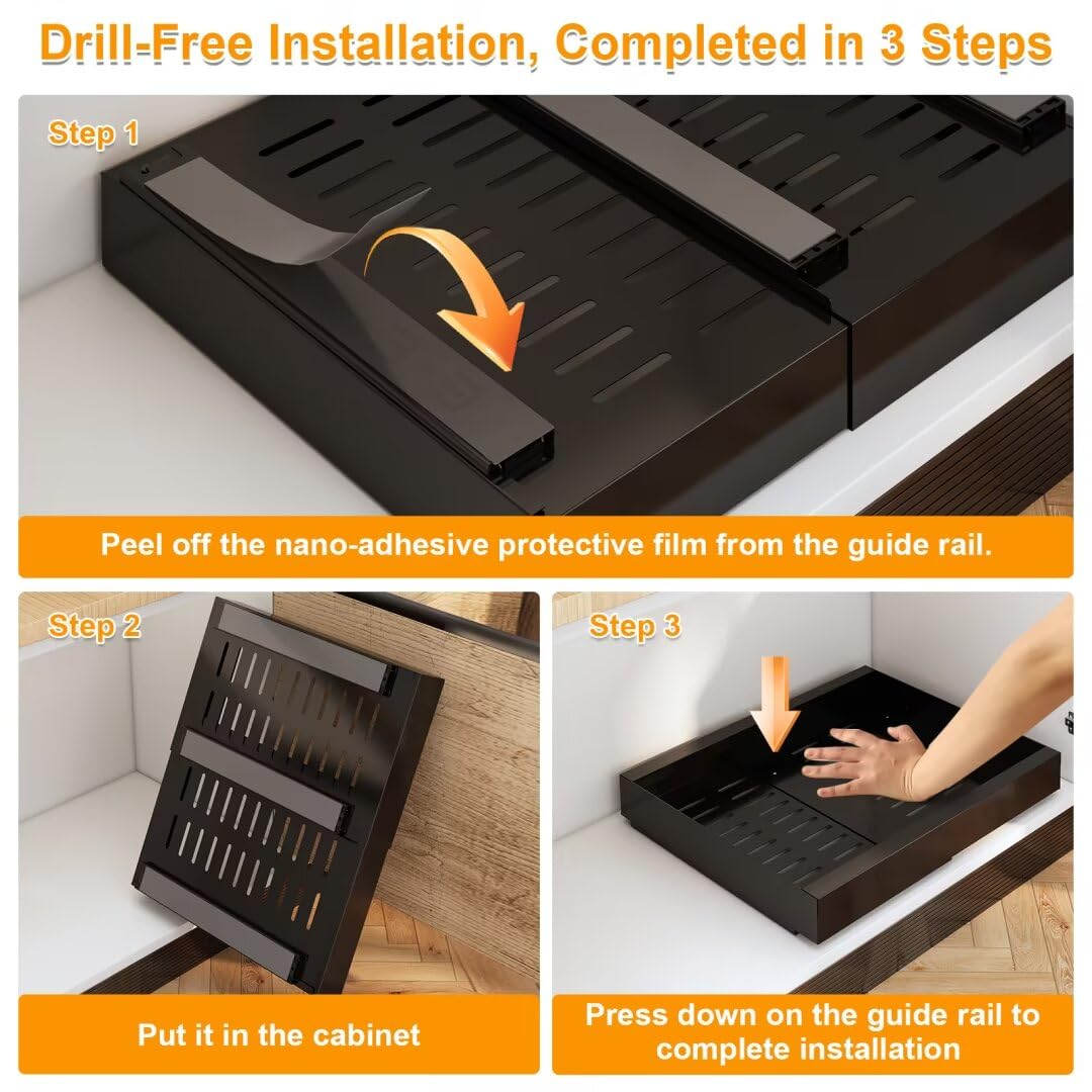 2Pc Pull out Cabinet Organizer,Slide out Drawer with 3 Rails,16"D,Expandable(12.1"-20"W) Peel and Stick Pull out Drawers for Kitchen,No Screw Adjustable Cabinet Drawer,Pantry Roll out Shelves,No Drill