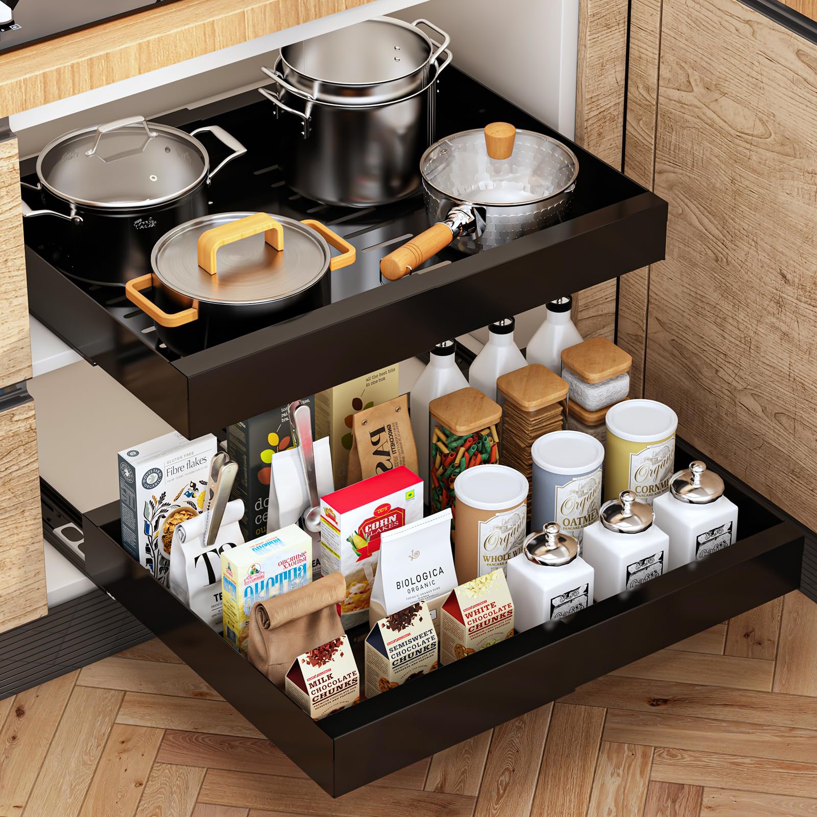 2Pc Pull out Cabinet Organizer,Slide out Drawer with 3 Rails,16"D,Expandable(12.1"-20"W) Peel and Stick Pull out Drawers for Kitchen,No Screw Adjustable Cabinet Drawer,Pantry Roll out Shelves,No Drill