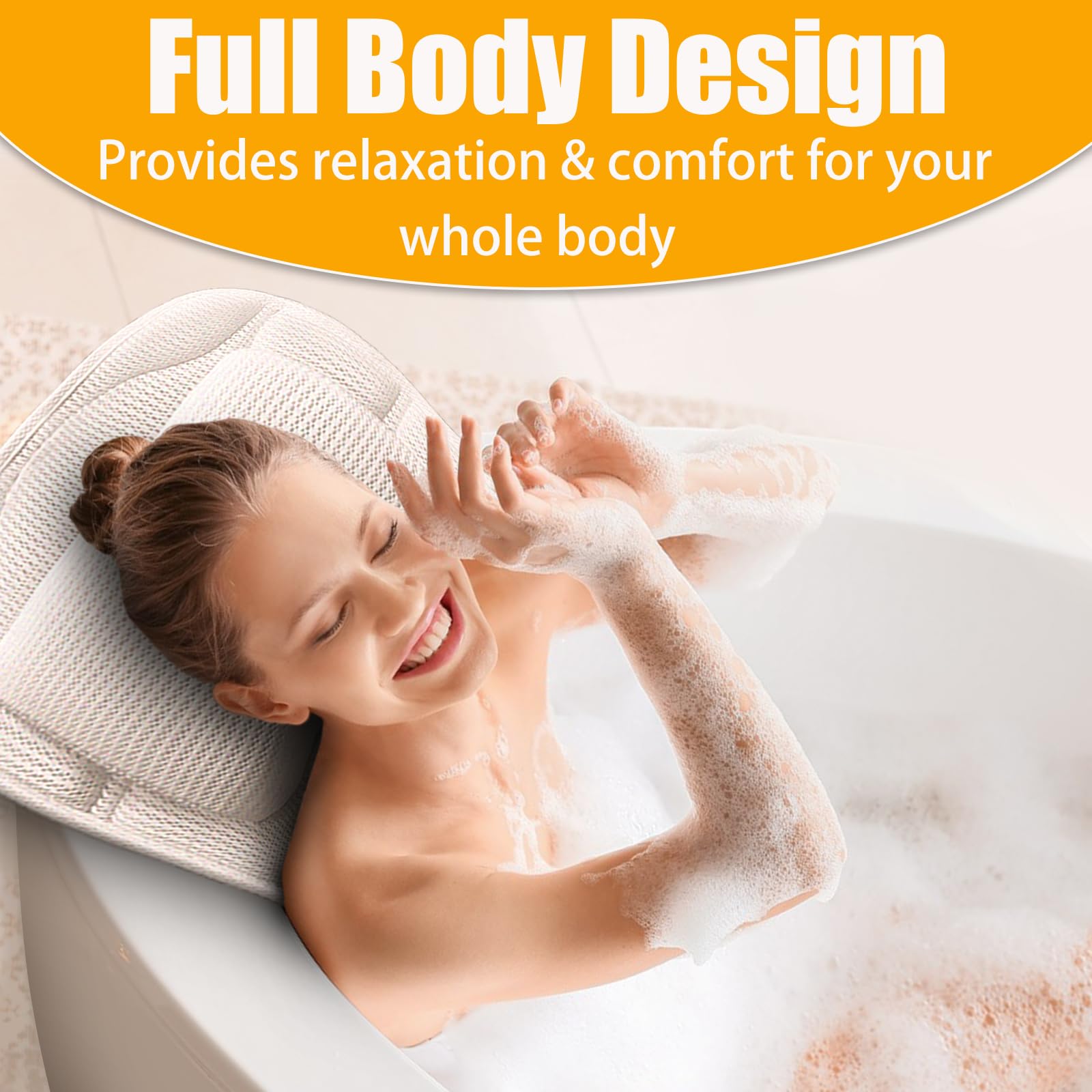 POOIKTFY Full Body Bath Pillow(50.79 x 15.75”x 0.9”),5D Air Mesh & Quick Drying, Bath Pillows for tub & 21 Non-Slip Suction Cups, Spa Bathtub Pillow for Head Neck Shoulder Support (White)