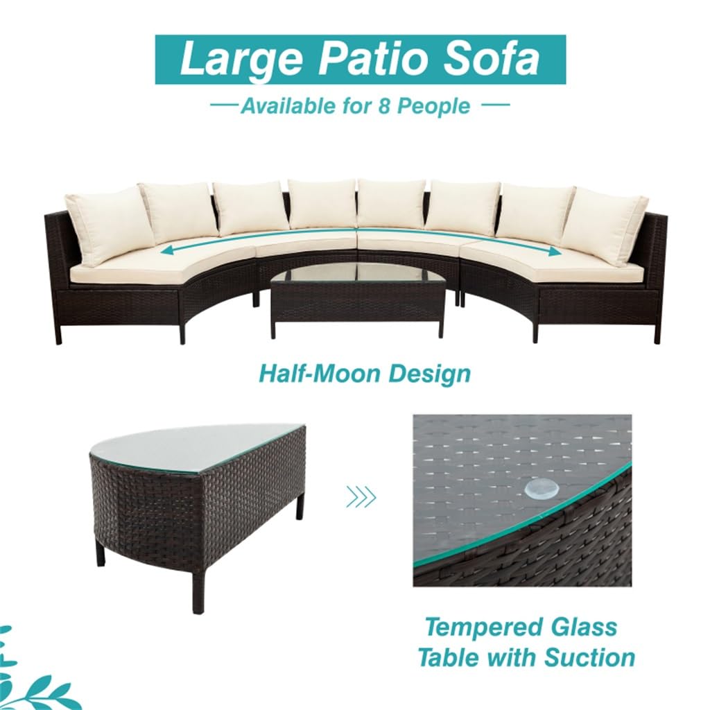 BaRdzo 5 Pieces Brown PE Rattan Wicker Sofa Set Outdoor Patio Sectional Furniture Set Half-Moon with Tempered Glass Table