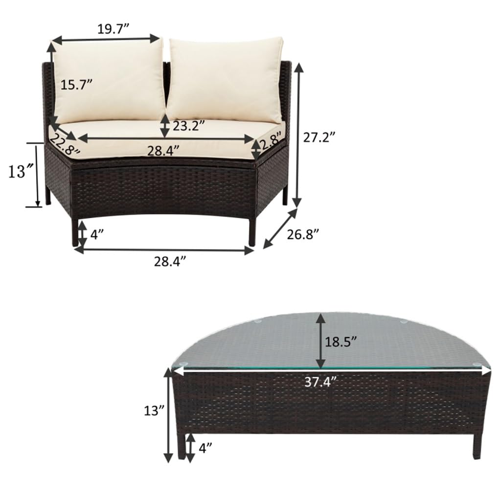 BaRdzo 5 Pieces Brown PE Rattan Wicker Sofa Set Outdoor Patio Sectional Furniture Set Half-Moon with Tempered Glass Table