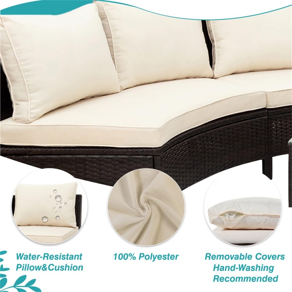 BaRdzo 5 Pieces Brown PE Rattan Wicker Sofa Set Outdoor Patio Sectional Furniture Set Half-Moon with Tempered Glass Table