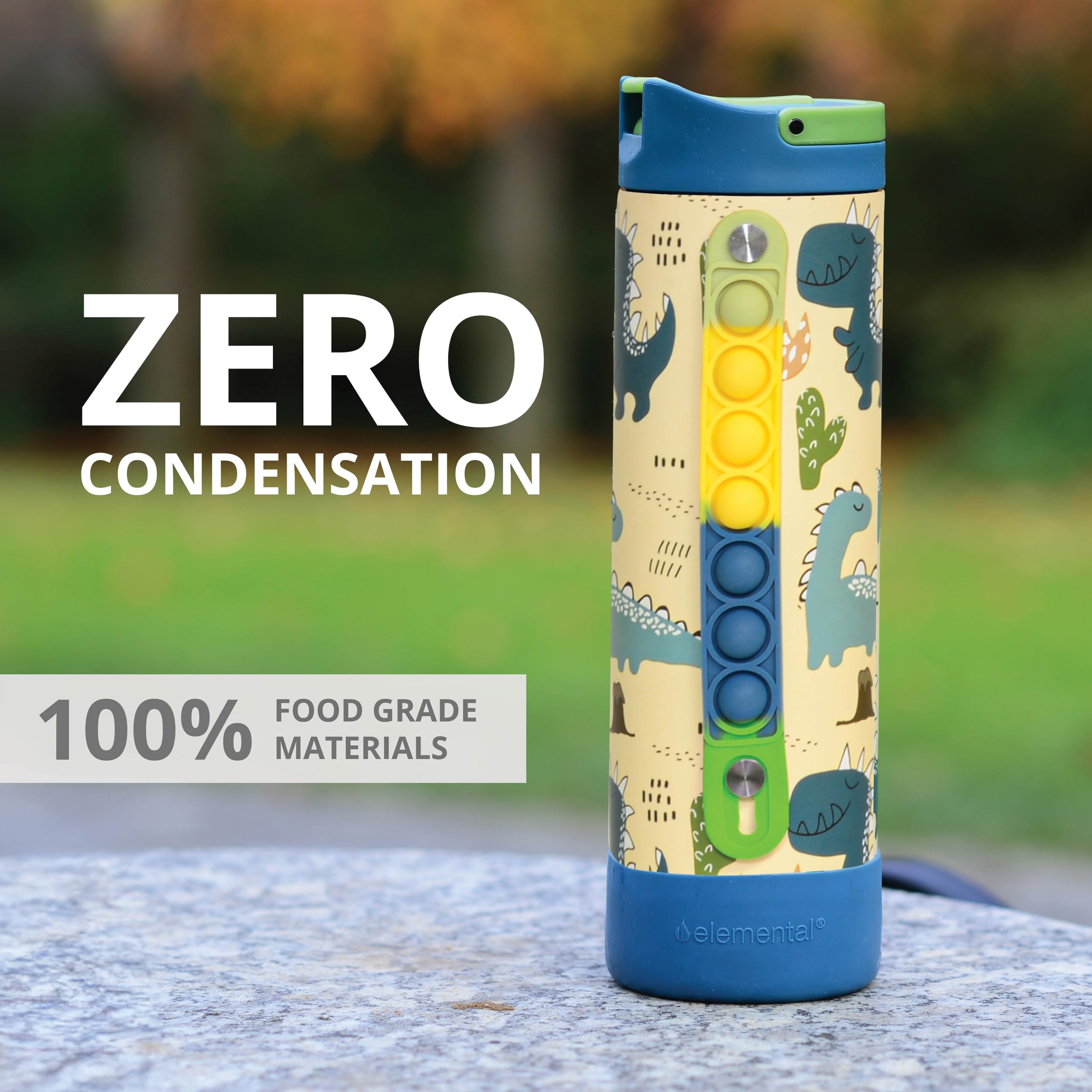 Elemental Iconic Kids Water Bottle with Straw Lid & Stress Reliever Pop It Handle, Leak-Proof When Closed, Triple Insulated Stainless Steel Reusable Thermos Water Bottle, 20oz - Dinosaur