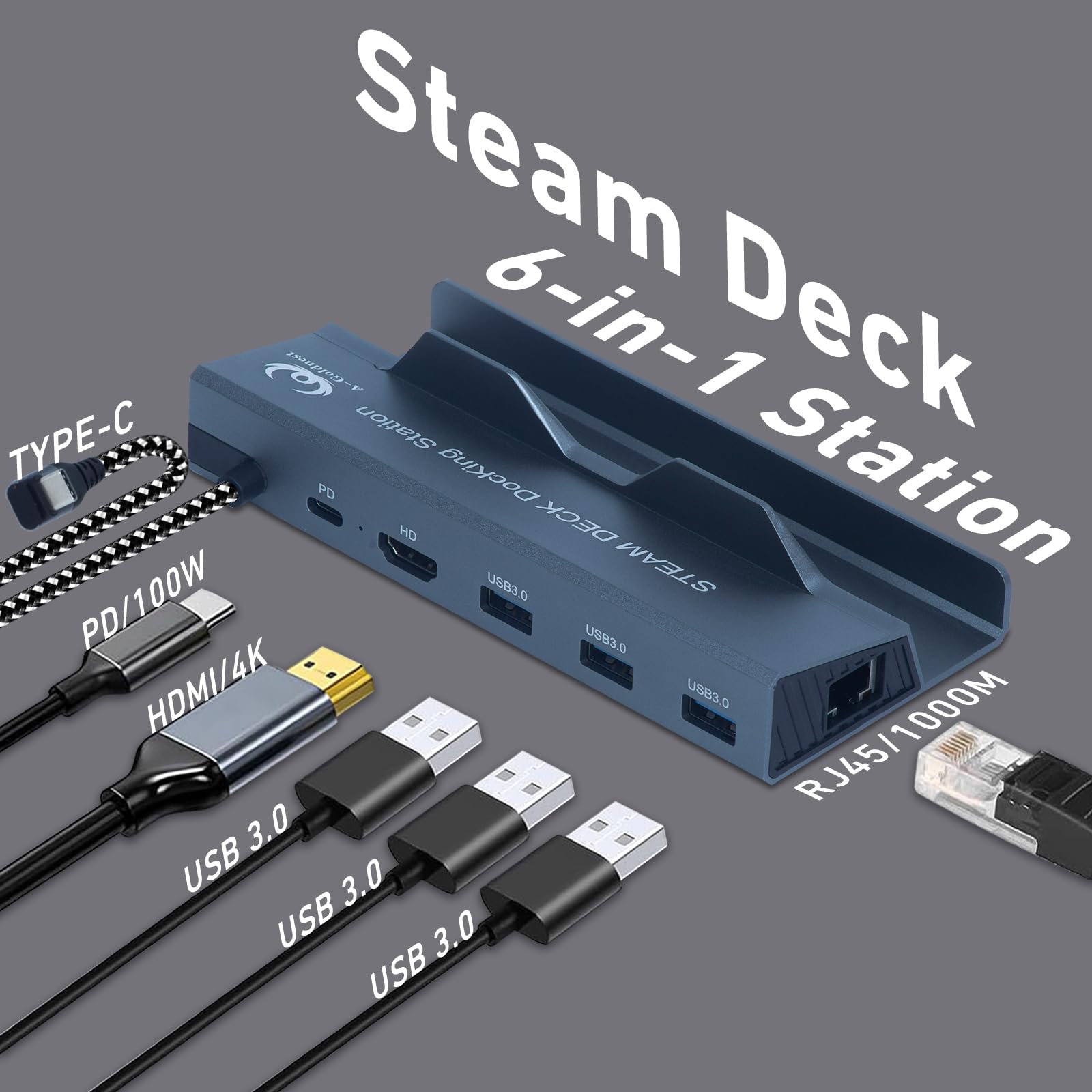 ROG Ally Dock Station 6-in-1 Docking Station for Steam Deck,Steam Deck Dock with HDMI2.0 4K@60Hz,3 USB-A 3.0, Gigabit Ethernet,100W PD Charging, USB C Hub Multiport Adapte