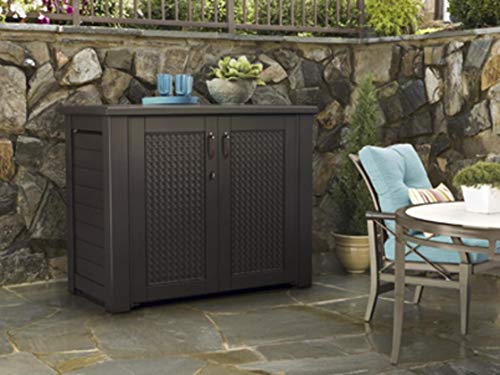 Rubbermaid Extra Large Decorative Patio Storage Cabinet, Weather Resistant, 123 Gal., Dark Teakwood, for Garden/Backyard/Home/Pool