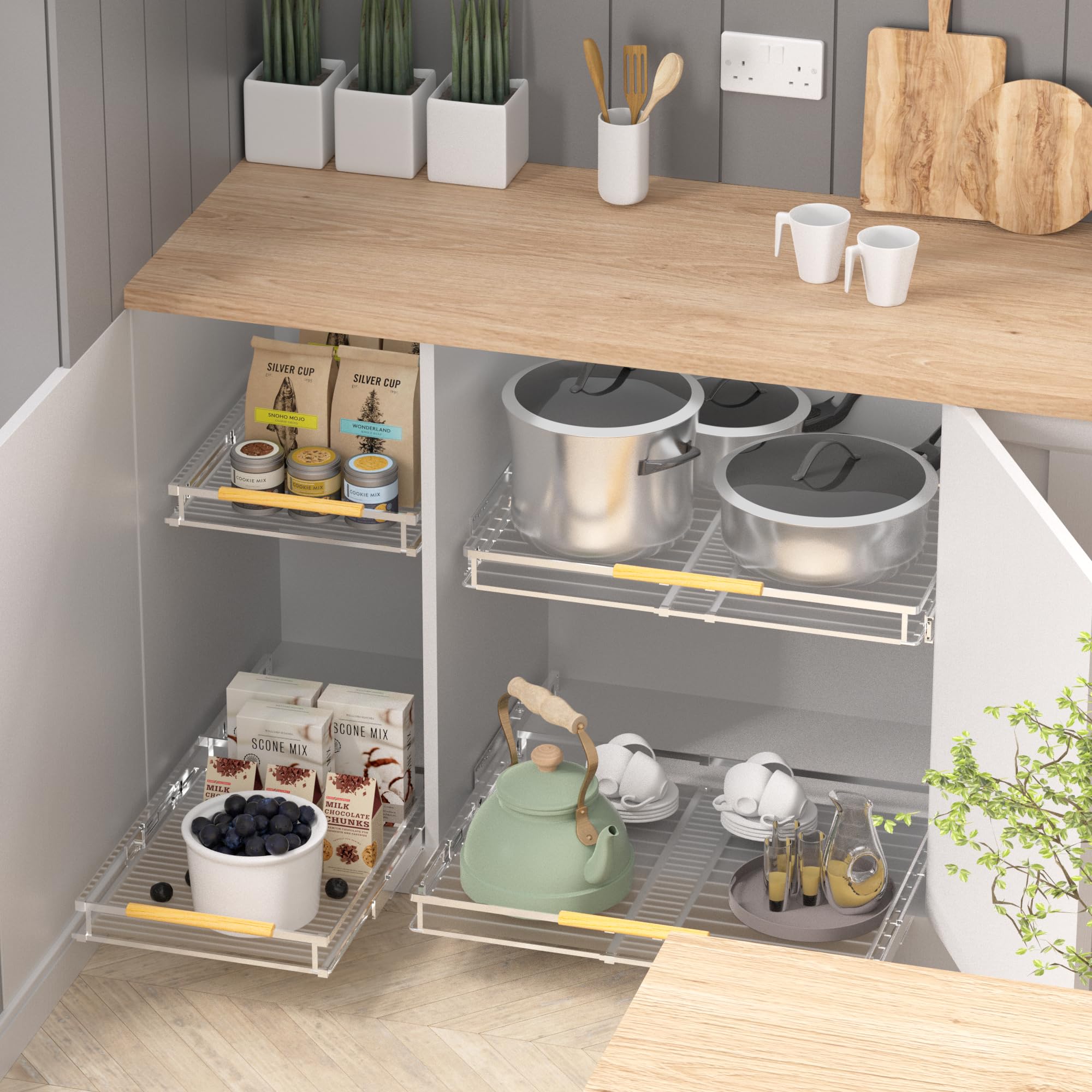Expendable Cabinet Pull Out Organizer Shelf Stainless Steel Sliding Kitchen Organisation Shelves Heavy Duty Gliding Cupboard Shelf Divider for Kitchen Pantry Closet Under Sink, Chrome, 3Packs