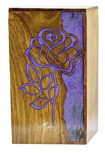 Wooden Urn for Human Ashes Adult Male Female, Rose Design Resin Work Urn Box for Men Women Child, Burial Funeral and Memorial Urns for Ashes, Decorative Urn (Rose, Small - ( 100 Cu/In )