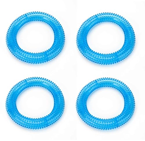 MPP Dog Toy Treat Hiding Ring Toss Fetch Chew Gum Massaging Nub Ridges Dental Health (Blue 4 Rings)