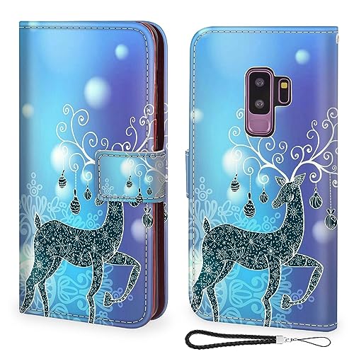 Wallet Case for Samsung Galaxy S9 Plus, PU Leather with Cash Card and Wrist Strap Christmas Deer for Cell Phone Case Fits Samsung Galaxy S9 Plus (2018) [6.2"]
