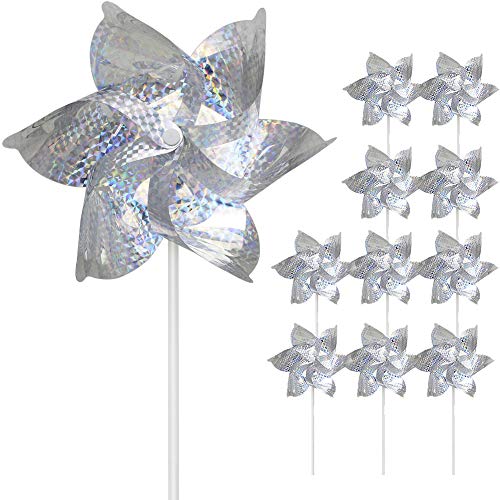 10-Pack Extra Sparkly Reflective Pinwheels+12Pcs/12Inch Bird Scare Reflective Rods