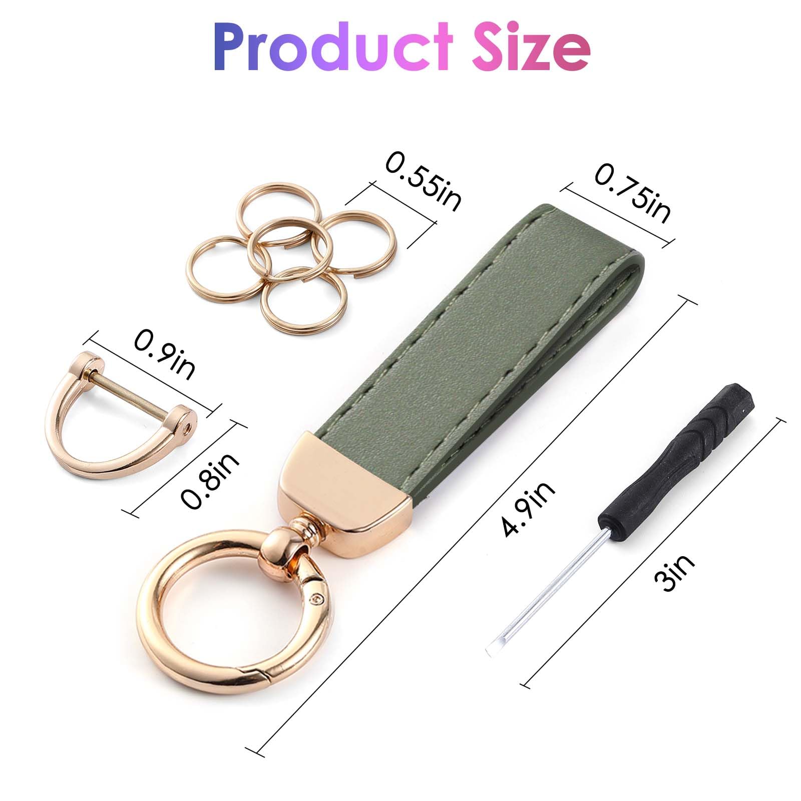 Gerkia Leather Car Keychain for Men and Women Key Chains for Car Keys with 5 Key Rings and Anti-loss D-ring Keychain ,Dark Green