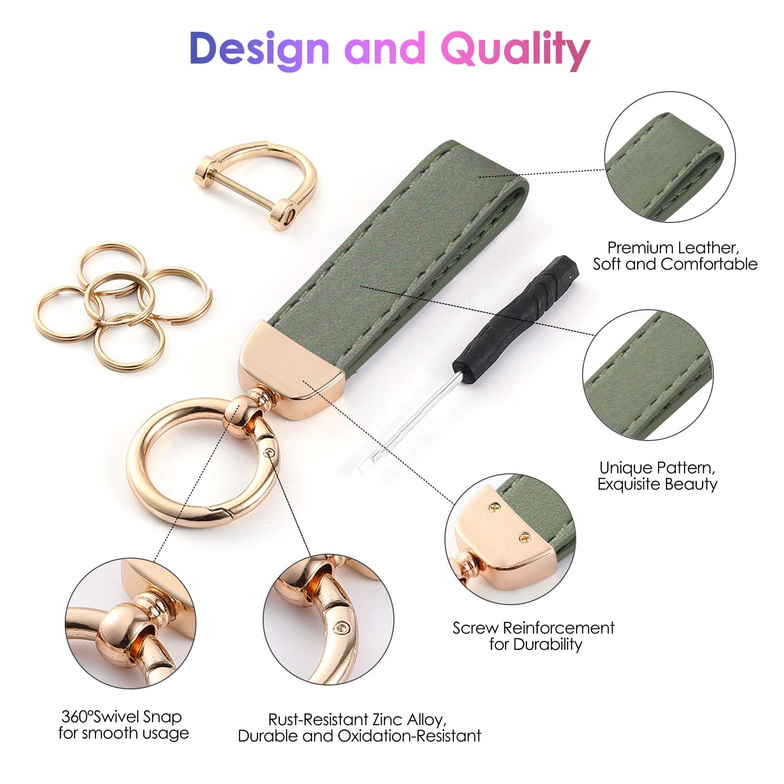 Gerkia Leather Car Keychain for Men and Women Key Chains for Car Keys with 5 Key Rings and Anti-loss D-ring Keychain ,Dark Green