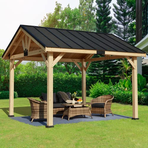 Small Wood pergola,11x12 FT Solid Wood Gazebo with Waterproof Asphalt Roof, Outdoor Permanent Hardtop Gazebo Canopy for Patio, Garden, Backyard