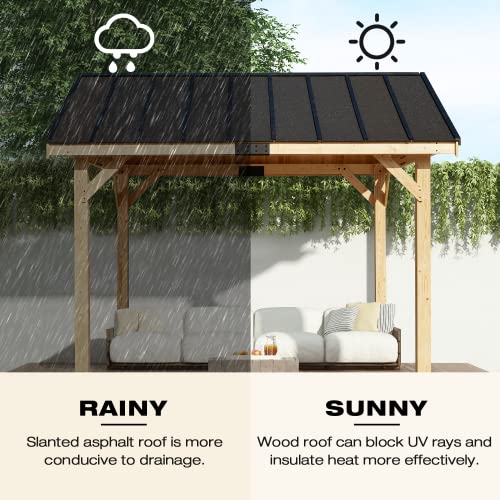 Small Wood pergola,11x12 FT Solid Wood Gazebo with Waterproof Asphalt Roof, Outdoor Permanent Hardtop Gazebo Canopy for Patio, Garden, Backyard