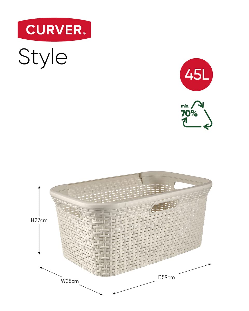 Curver 708 Off White Faux Rattan Laundry & Washing Basket 45L