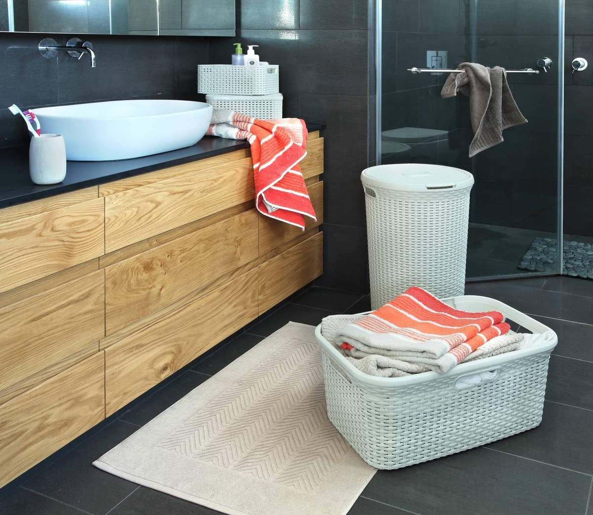 Curver 708 Off White Faux Rattan Laundry & Washing Basket 45L