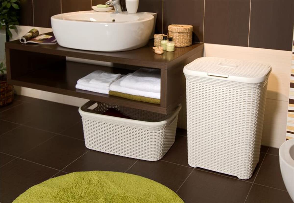 Curver 708 Off White Faux Rattan Laundry & Washing Basket 45L