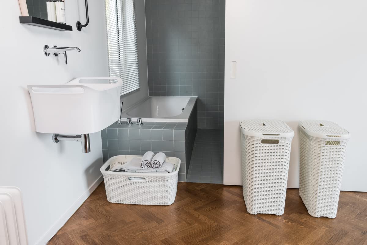 Curver 708 Off White Faux Rattan Laundry & Washing Basket 45L