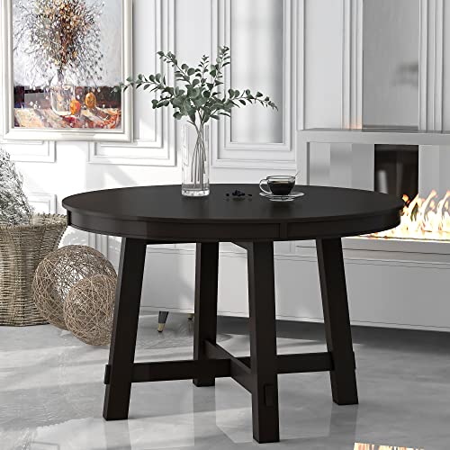 YuiHome Extendable Round, Farmhouse 16" Leaf Wood Table for Dining Room, Kitchen,Espresso