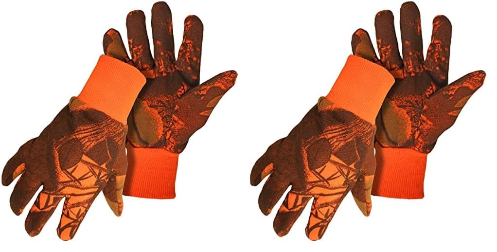 BOSS Men's Blaze Orange Camouflage Jersey Cotton Knit Wrist work Gloves, Durable, Clute Cut Design, Extreme Comfort, Large, (4101AL) (Pack of 2)