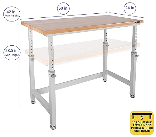 Seville Classics UltraHD Heavy Duty Workbench Table w/Solid Wood Top, 1000 lbs. Weight Capacity Workstation for Garage, Warehouse, Workshop, Granite, 60" W x 24" D x 28.5" to 42" H Desktop