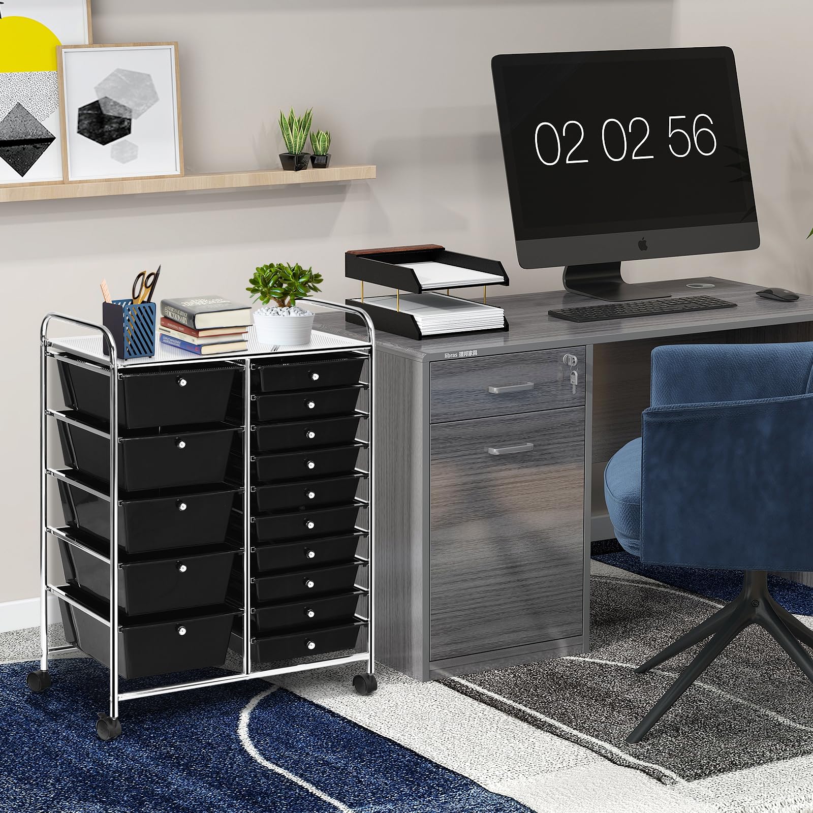 SILKYDRY 15 Drawers Rolling Storage Cart, Craft Cart Organizer with Lockable Wheels for Tools, Arts, Scrapbook, Papers, Multipurpose Utility Cart for Home Office School (Black)
